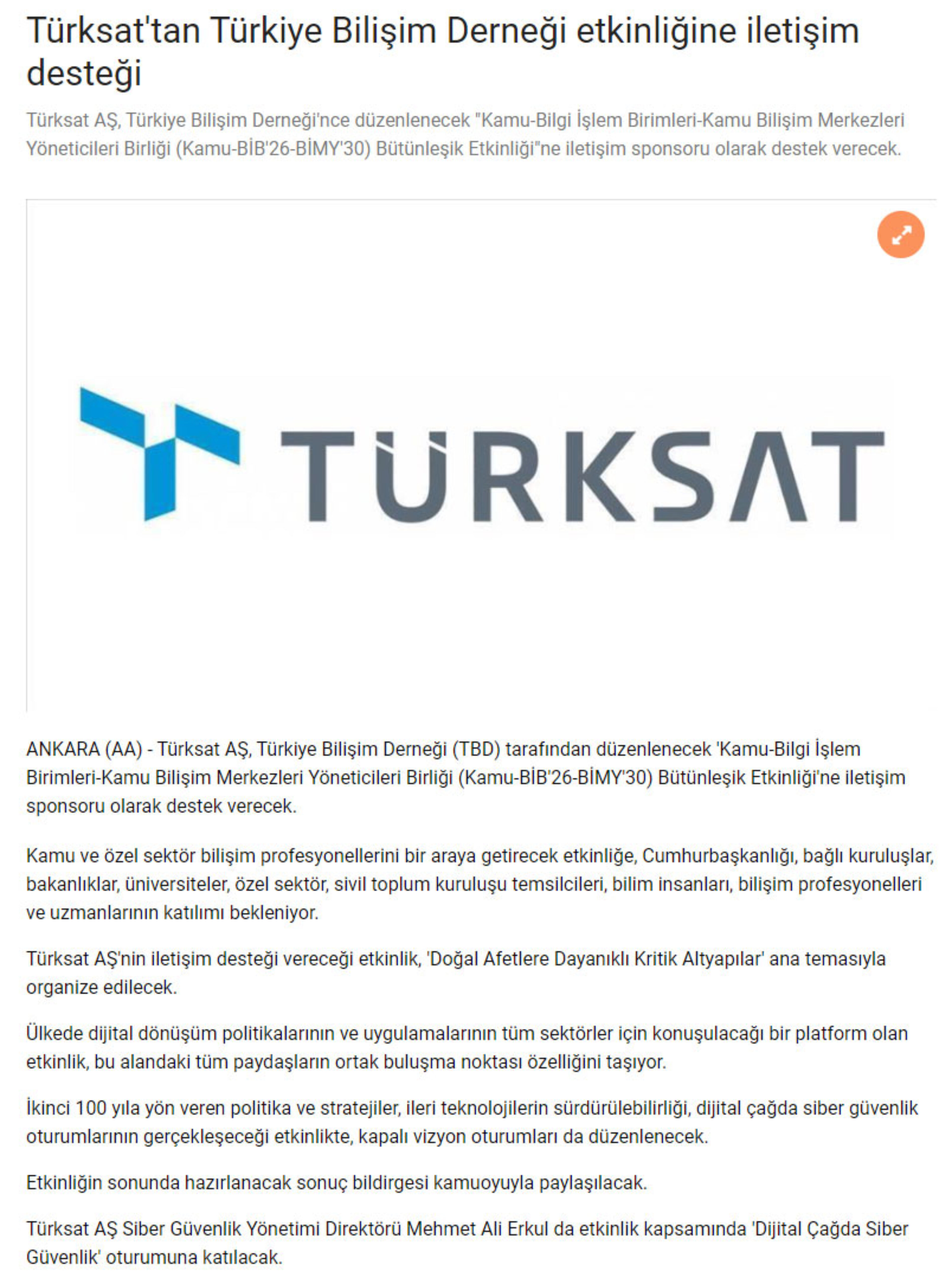Türksat’tan Türkiye Bilişim Derneği Etkinliğine İletişim Desteği – ANADOLU AJANS – TBD Türkiye ...